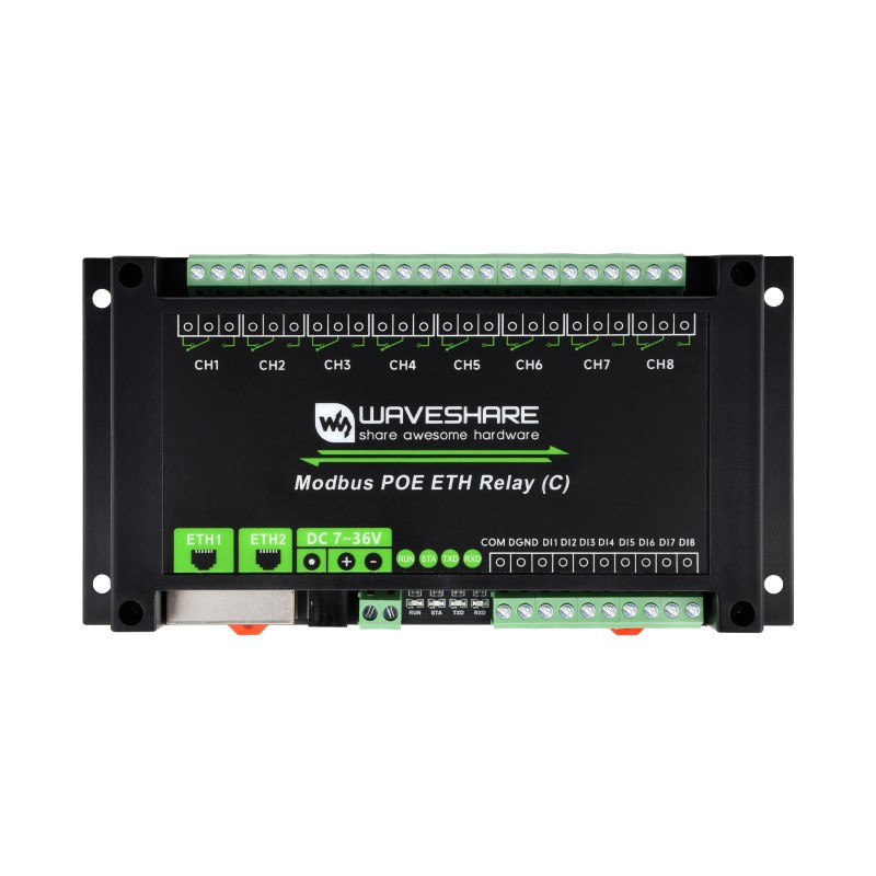 Modbus PoE-ETH relay module (C) 8-channel with dual Ethernet and DIN ...