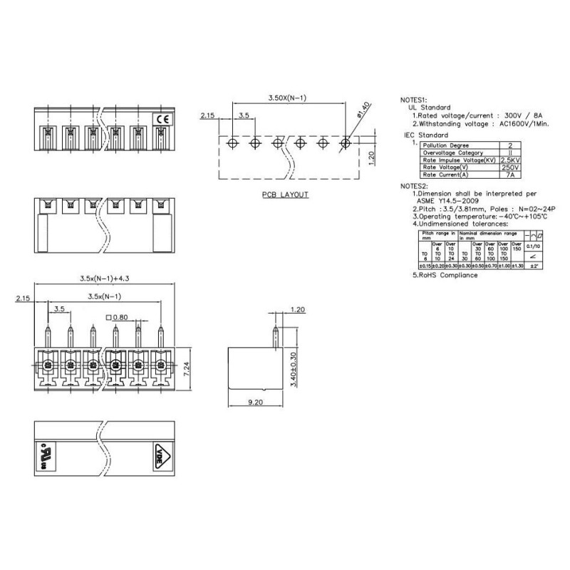KF2EDGR - Male terminal block, angled, 7-pin, pitch 3.5 mm - 10 pcs ...