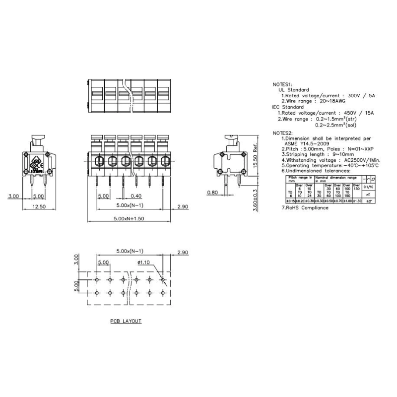 235-5.0-02P-11-00A(H) - spring terminal connector 2pin 5.00mm - 5 pcs ...